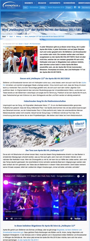 Snowplaza.de ernennt Tobee’s „Helikopter 117“ zum Après Ski Hit 2017/ ...